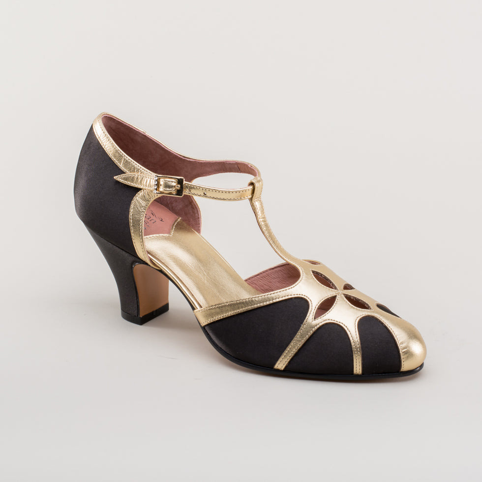 Lilith Vintage Flapper T-Straps Wide (Black/Gold) – American Duchess