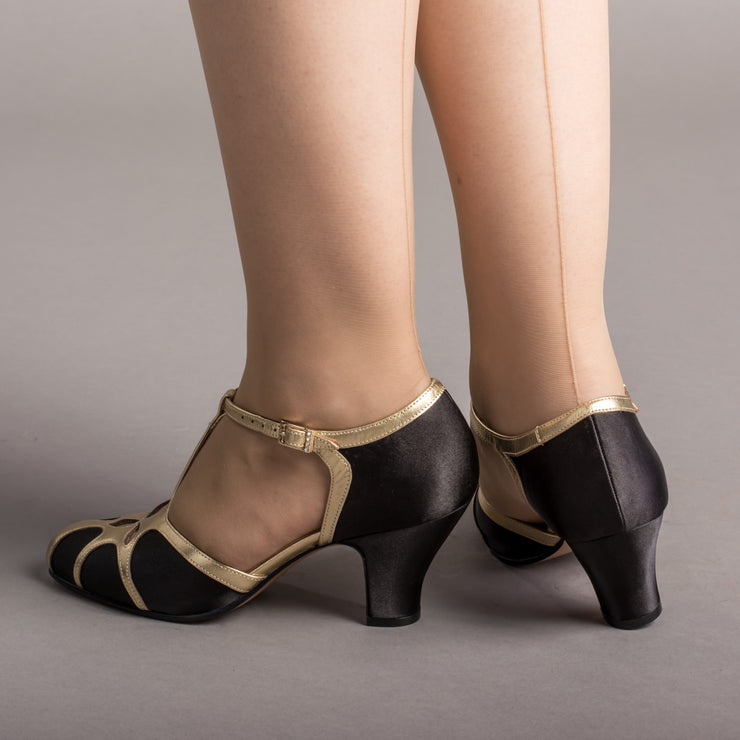 Lilith Vintage Flapper T-Straps Wide (Black/Gold) – American Duchess