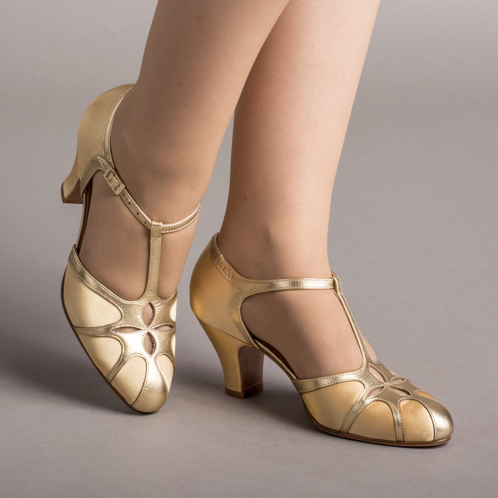 Lilith Women's Vintage Flapper T-Straps Wide (Gold/Gold) – American Duchess
