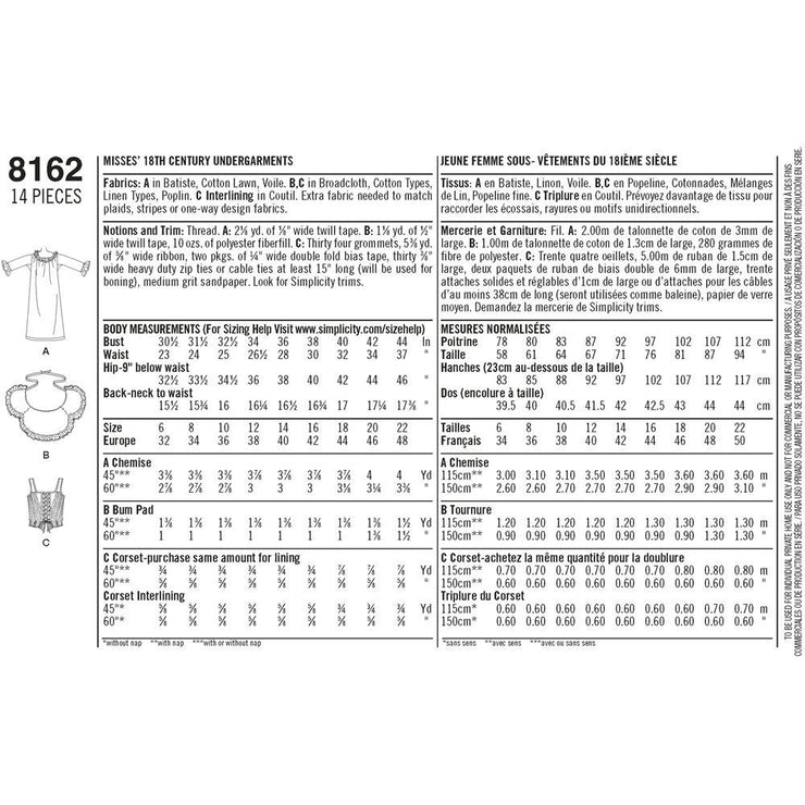 Simplicity 8162 18th Century Underpinnings Sewing Pattern – American ...